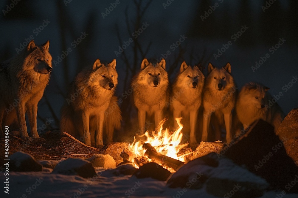 A group of wolves gather around a bonfire. Generative AI Stock ...