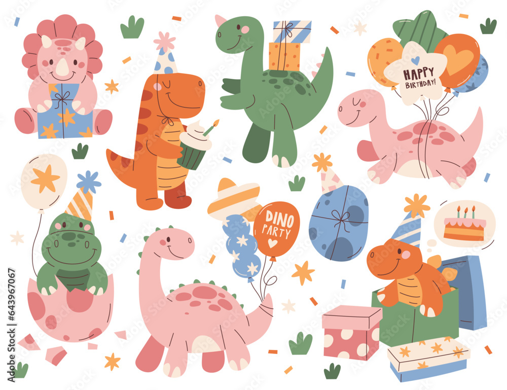 Cute baby dinosaur carrying festive birthday party accessories and ...