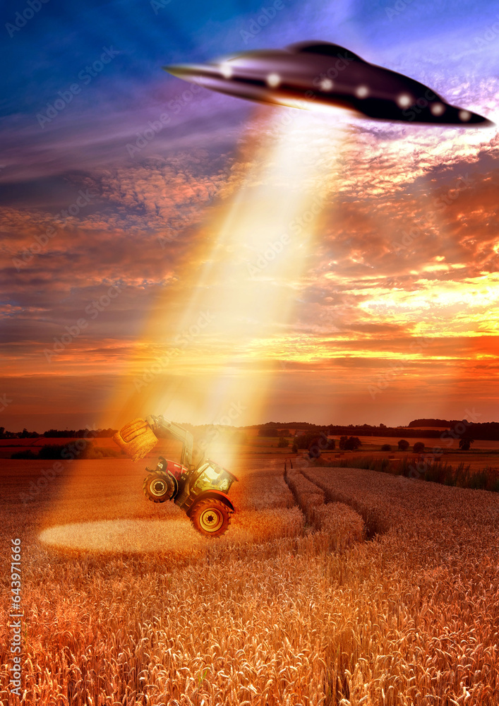UFO, farm and field in night, alien invasion and research with light ...