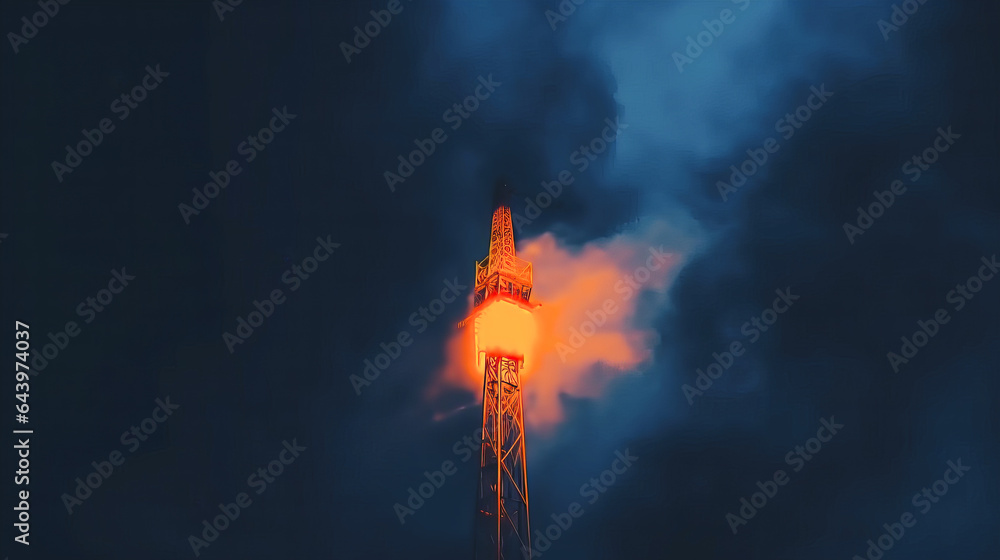 Night view of a smoking oil and gas well chimney that produced raw ...