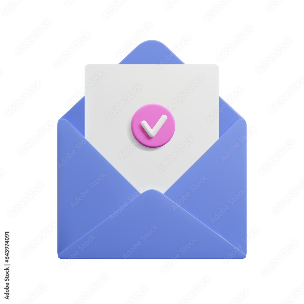 3D open email envelope with empty paper letter vector icon. Cute purple ...