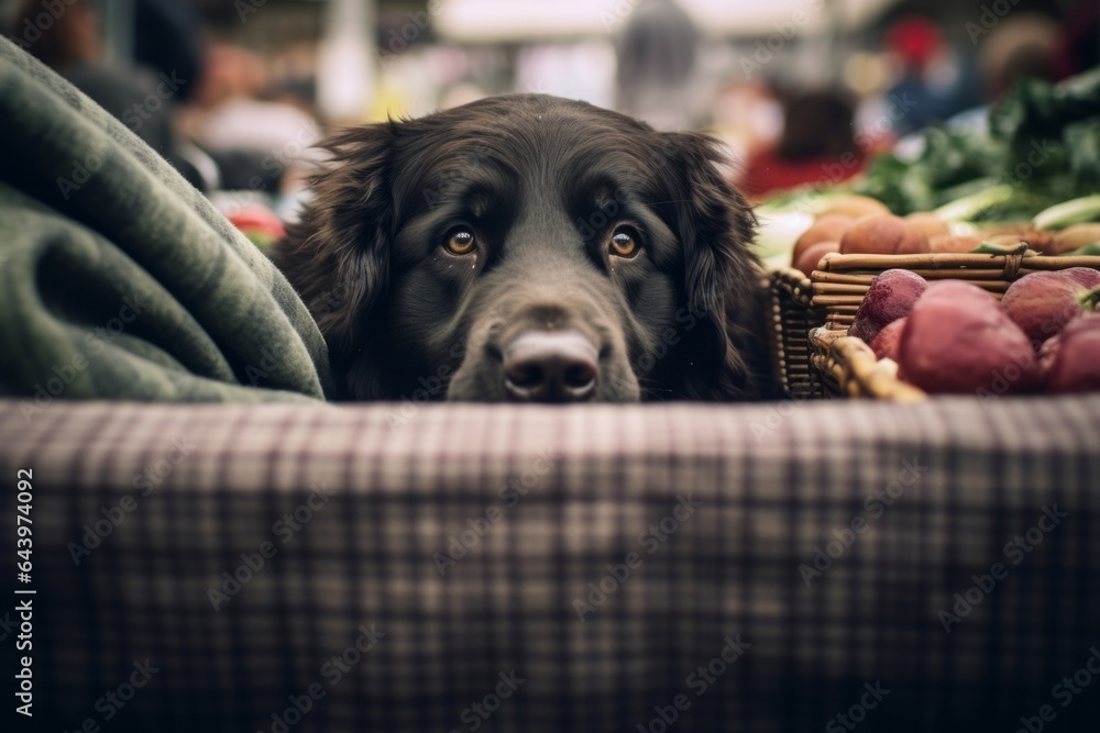 Conceptual portrait photography of a smiling newfoundland dog hiding ...
