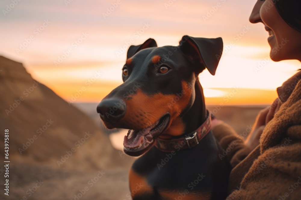 Lifestyle portrait photography of a happy doberman pinscher rubbing ...