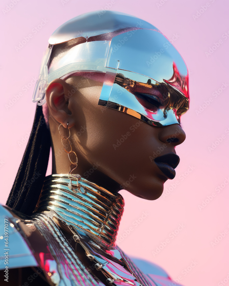 Beautiful portrait of a futuristic woman tribal warrior in weird ...
