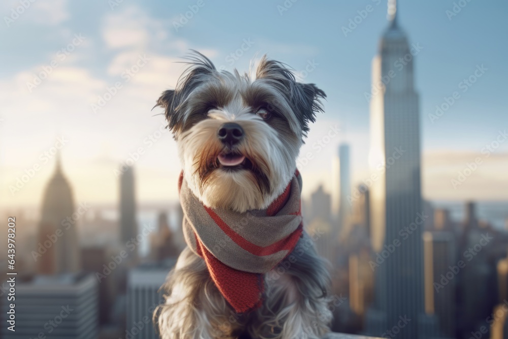 Medium shot portrait photography of a happy lowchen dog showing belly ...