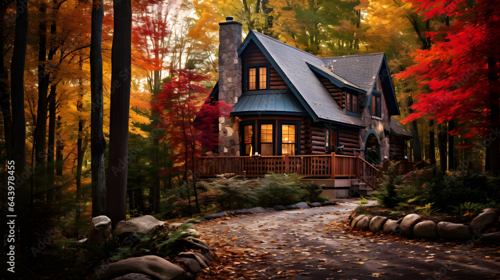 Nestled among the blazing colors of autumn, a rustic cabin is a cozy ...
