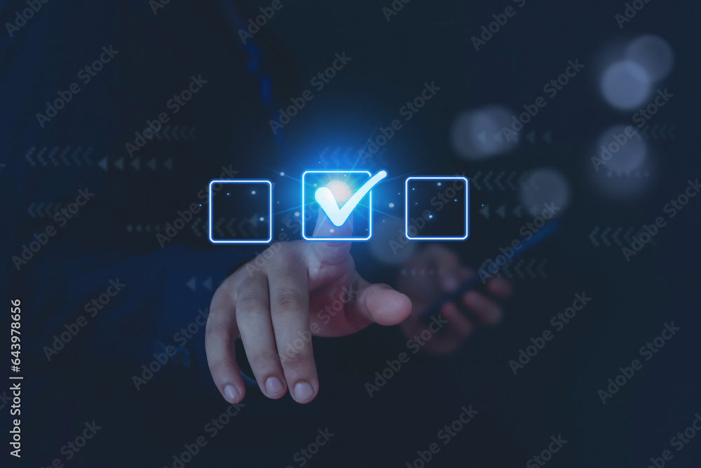 Businessman showing check mark summarizing job Compile lists, votes ...