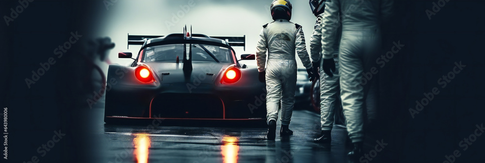 Professional pit crew ready for action as their team's race car arrives ...