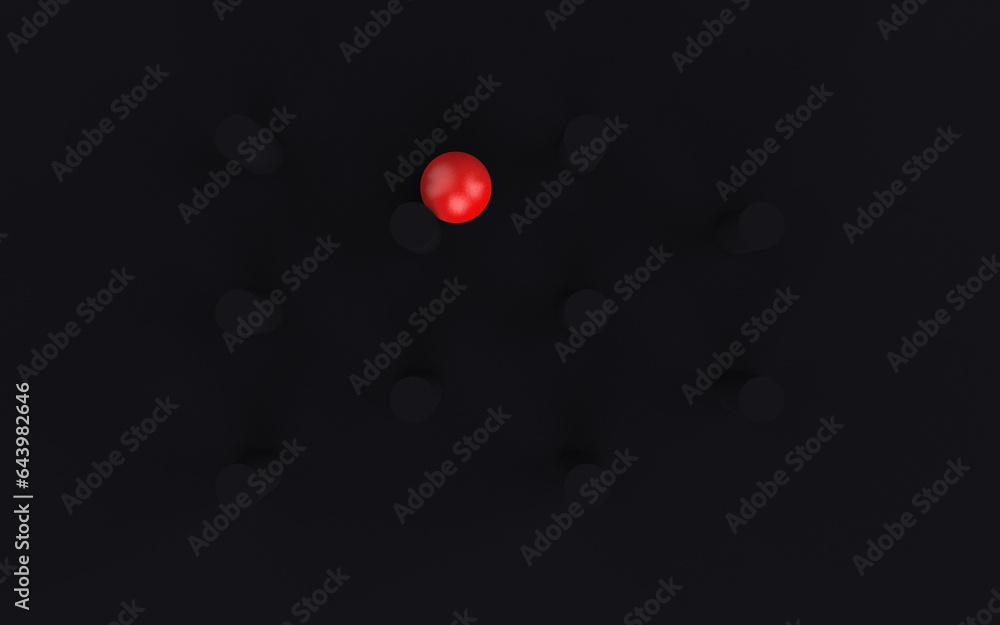 Abstract 3d shapes with bright red ball on dark gray background. A ...