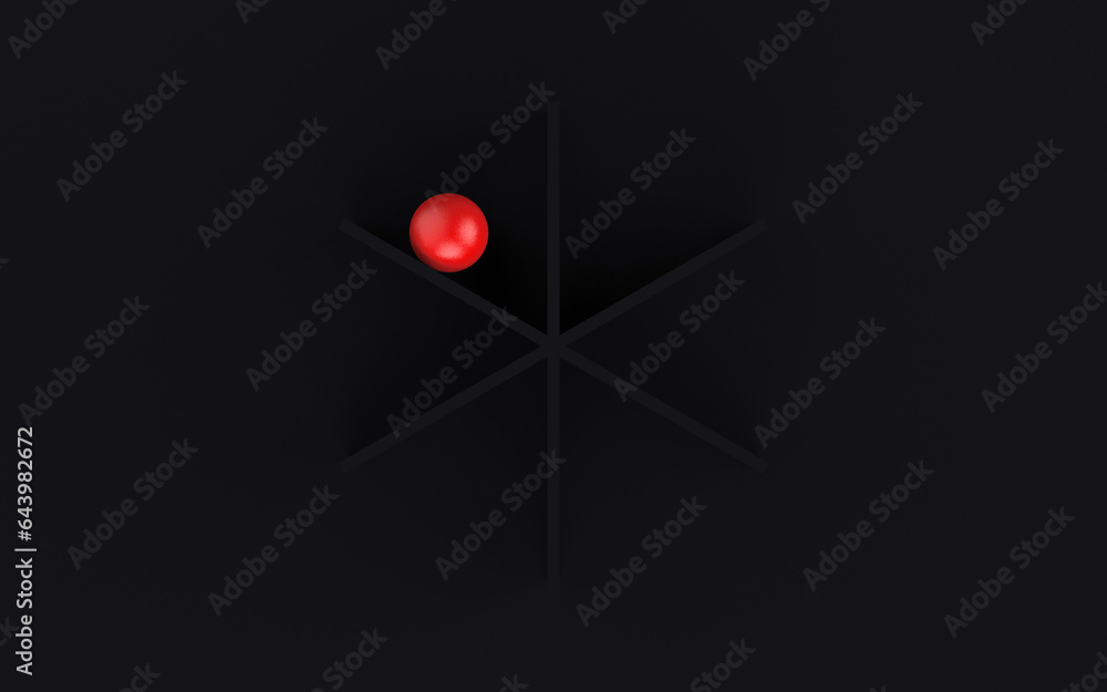 Abstract 3d shapes with bright red ball on dark gray background. A ...