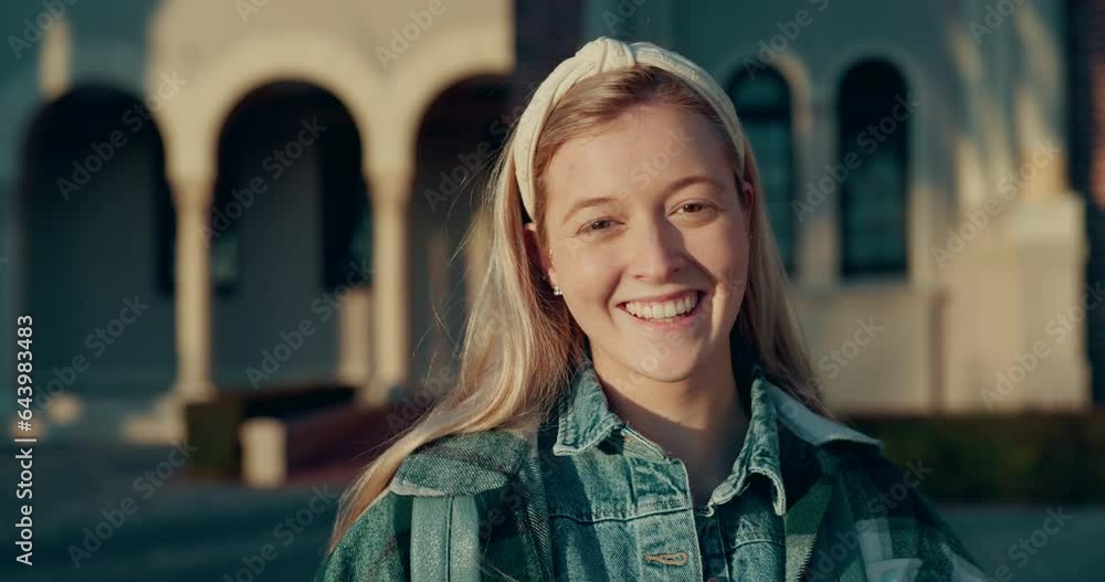 Happiness, student face and college woman for Knowledge, studying and ...