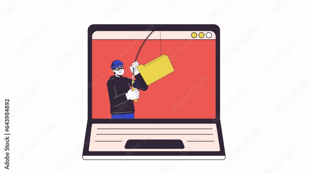 Hacker with fishing rod catching computer folder line 2D animation. Cyber phishing 4K video ...