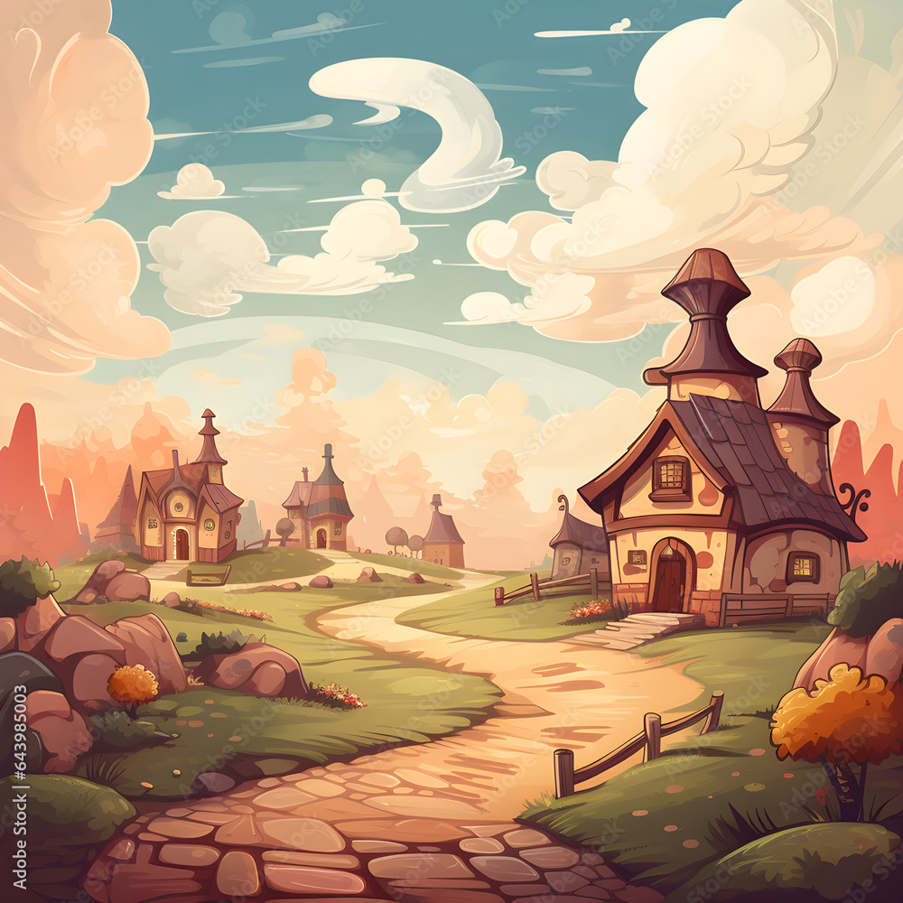 Cartoon landscape, fairy tale backdrop, draw houses, retro background ...