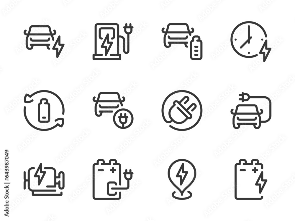 Electric Car and Vehicle Charging vector line icons. Auto charger and ...