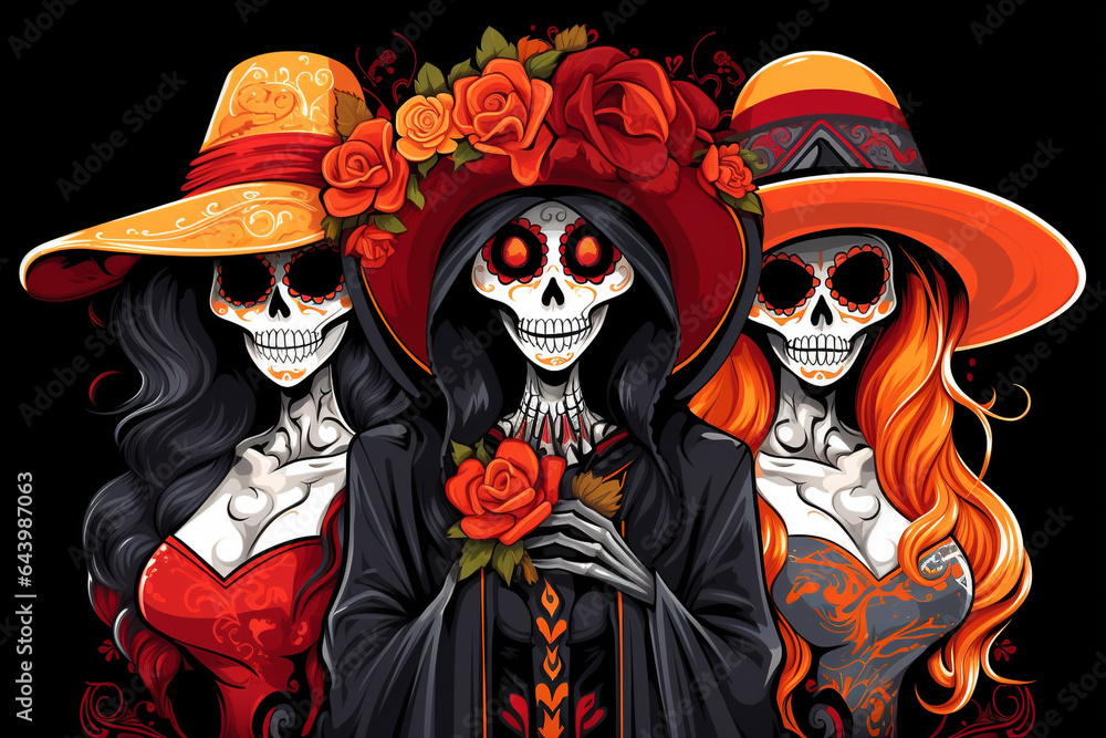 3 Frauen La Catrina dia de muertos Skellete in Fashion mit bemalten ...