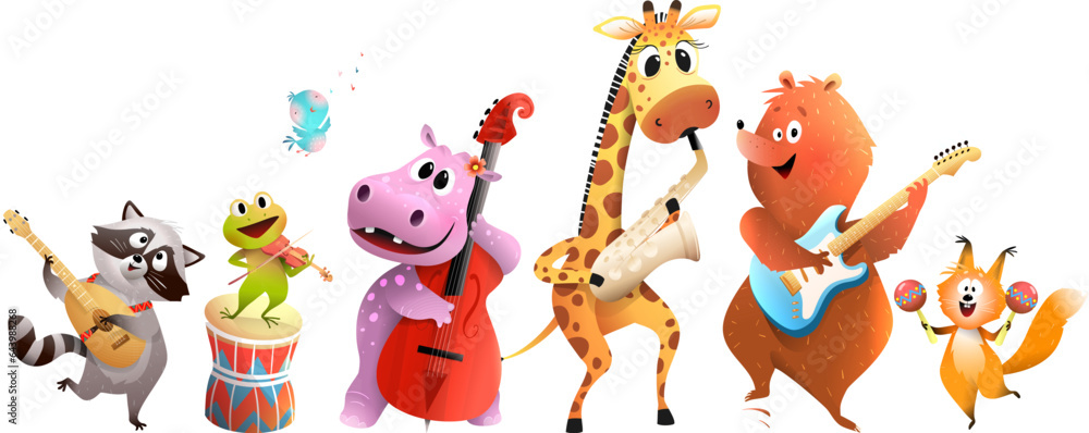 Cute animals playing musical instruments. Animals concert music band ...