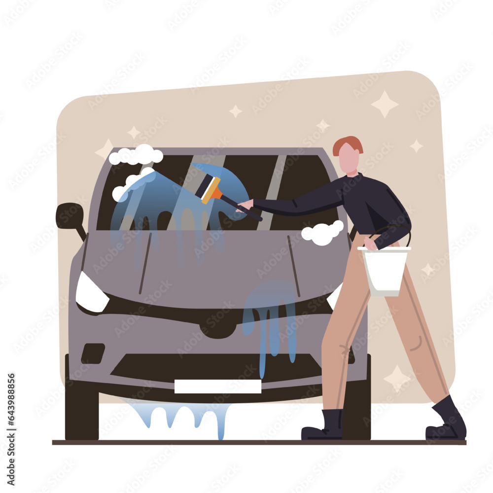Young man holding bucket and washing car with foam. Flat vector ...