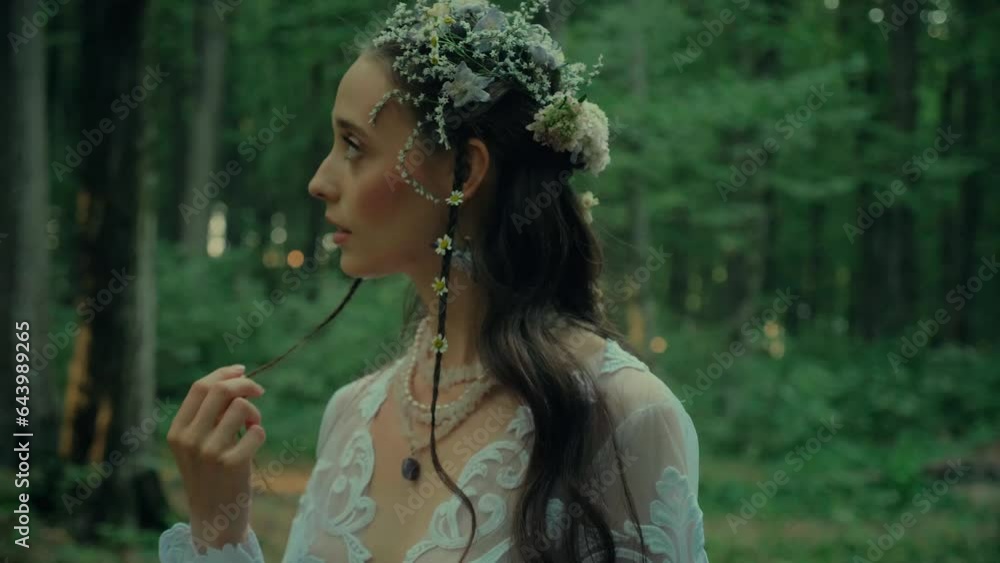 Attractive Dryad Or Forest Fairy In Flower Wreath Conjuring In Forest ...