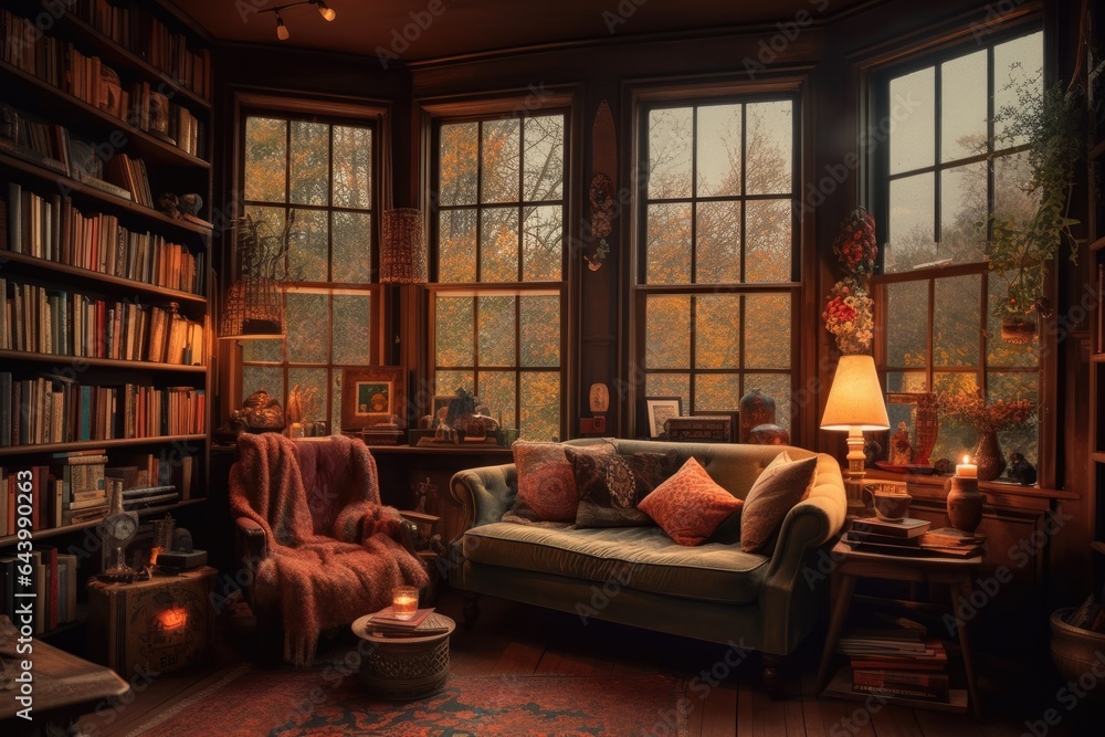 A cozy reading room with a sofa, a bookshelf and a large window with a ...