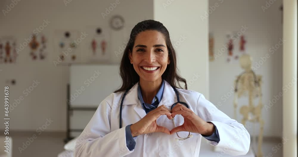 Portrait smiling positive Latina female cardiologist in white medical ...