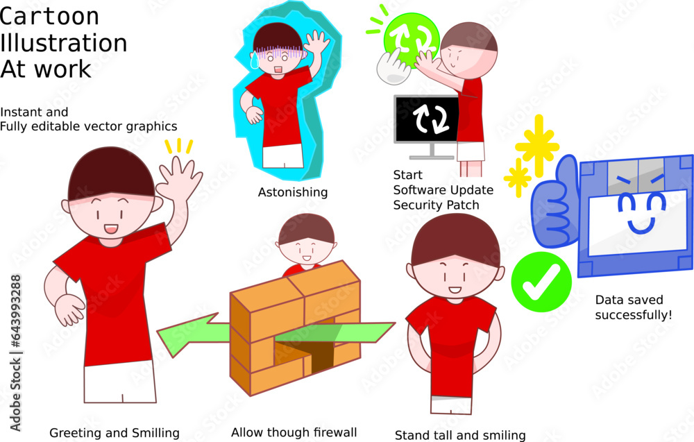 Handsome guy at work in various actions. Cartoon illustration at work ...