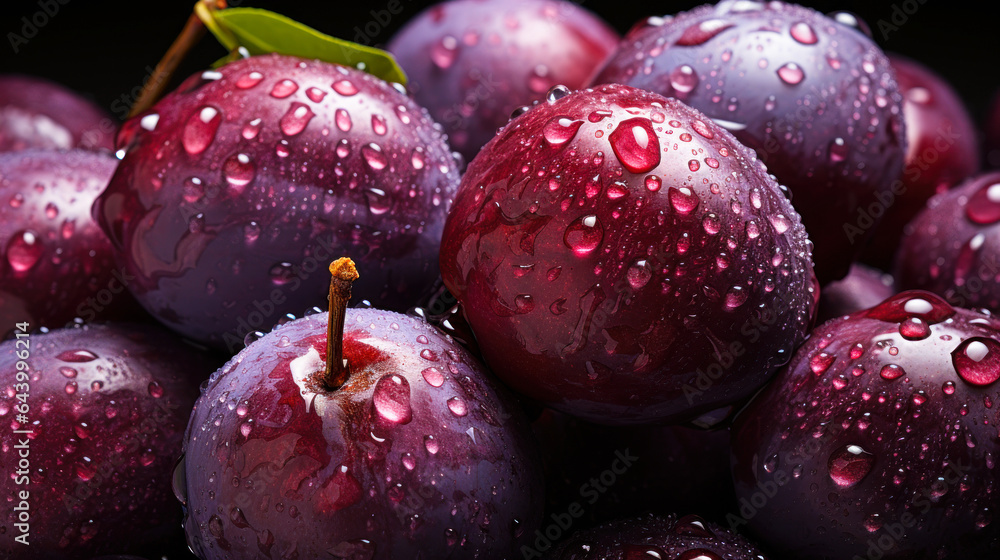 pile of fresh Plum fruits texture with water spots, shot from a top ...