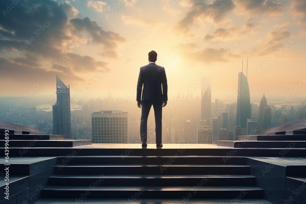 Ambitious businessman climbing the stairs to success. concept of career path success, future ...