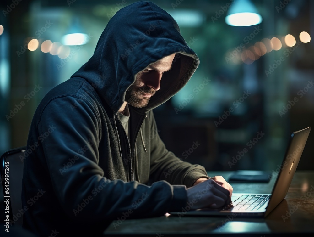 Mysterious hacker wearing a hoodie is typing on a laptop Stock Photo ...