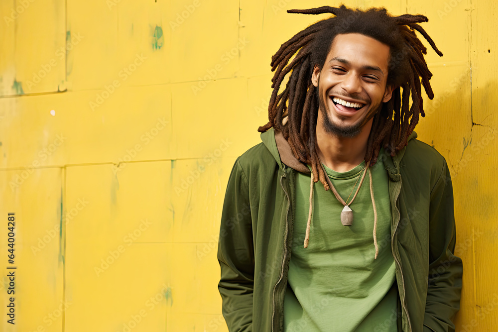 Laughing young male with dreadlocks, wearing green and standing against ...
