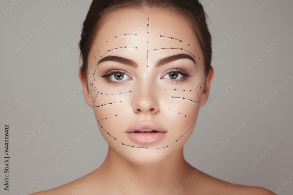 Concept of plastic surgery. Portrait of a young girl with plastic ...