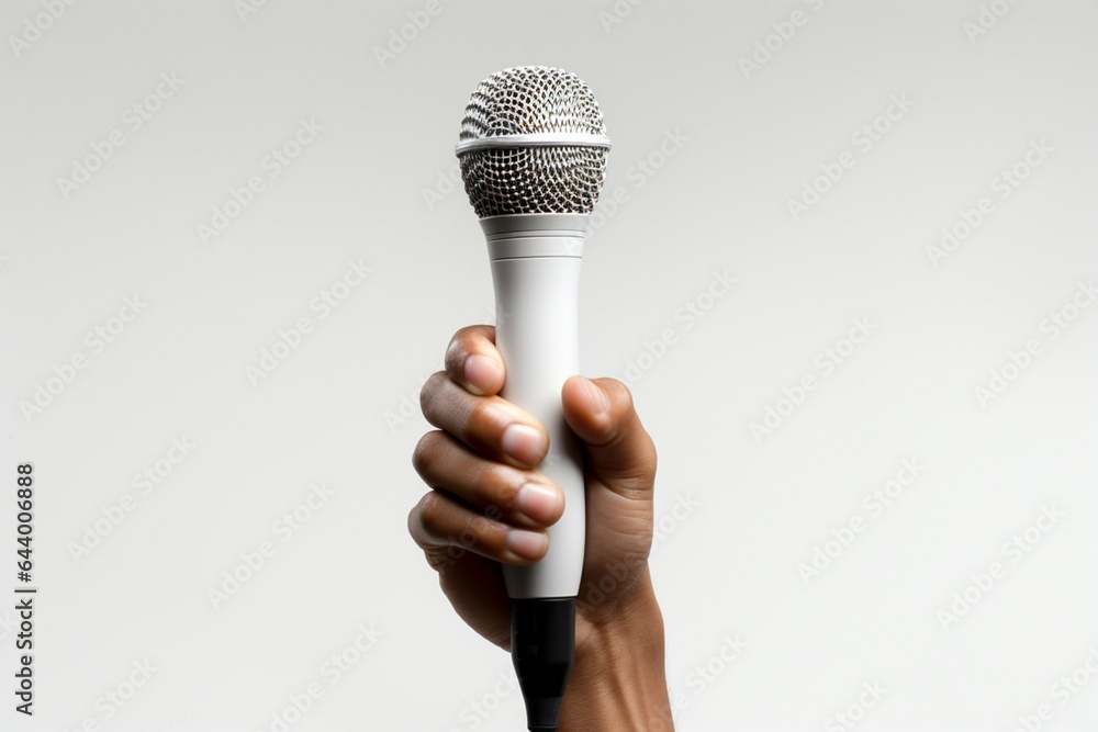 An isolated white space features a raised hand gripping a microphone ...