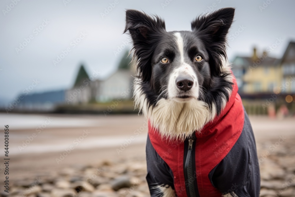 Lifestyle portrait photography of a tired border collie barking wearing ...