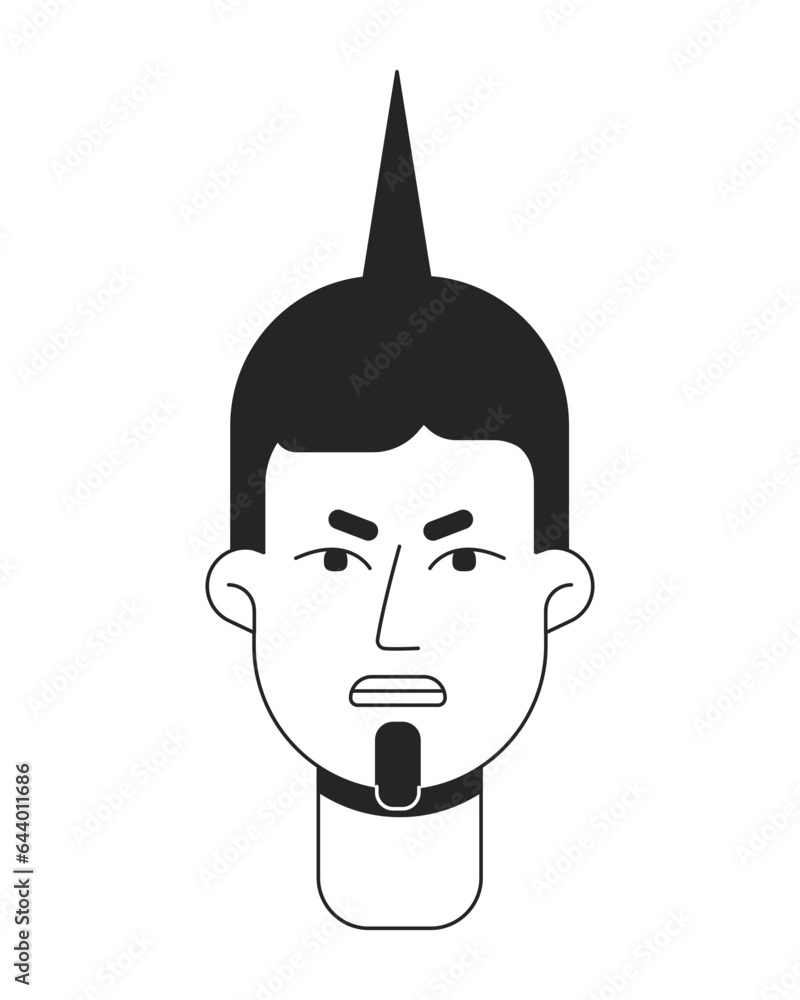 Angry man monochrome flat linear character head. Brunette punk ...