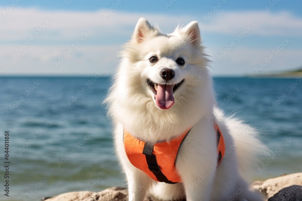 Group portrait photography of a cute american eskimo dog barking ...