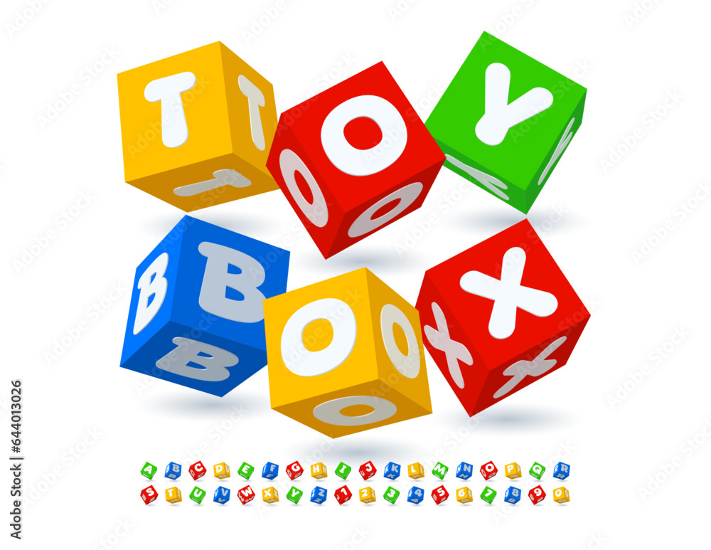 Vector colorful sign Toy Box with bright funny Alphabet Letters and ...