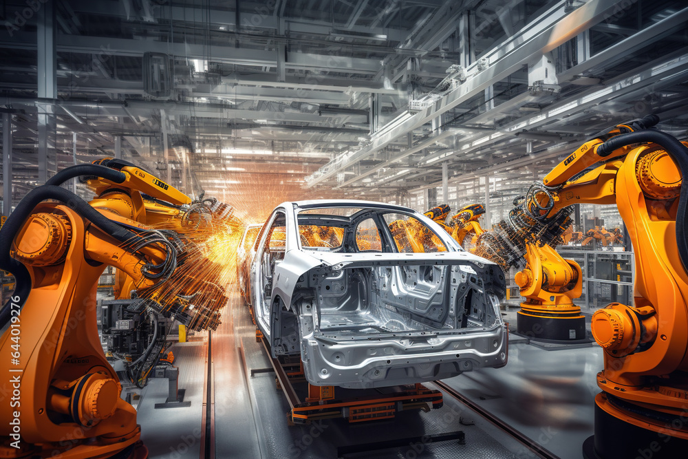 autonomous robot factory produces vehicles cars bodies in a big hall on ...