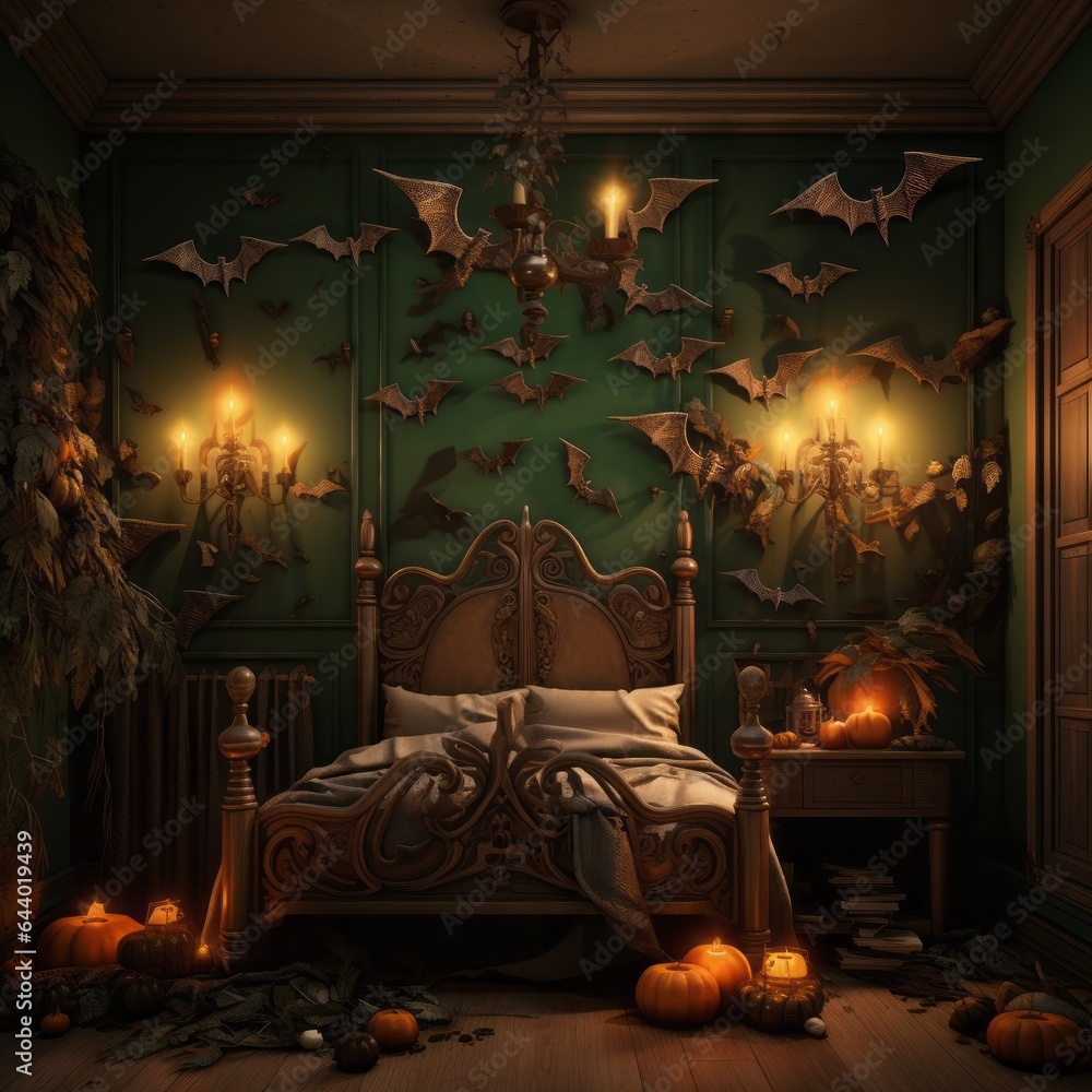 Foto de On halloween night, a spooky room with a bed, bats, and ...