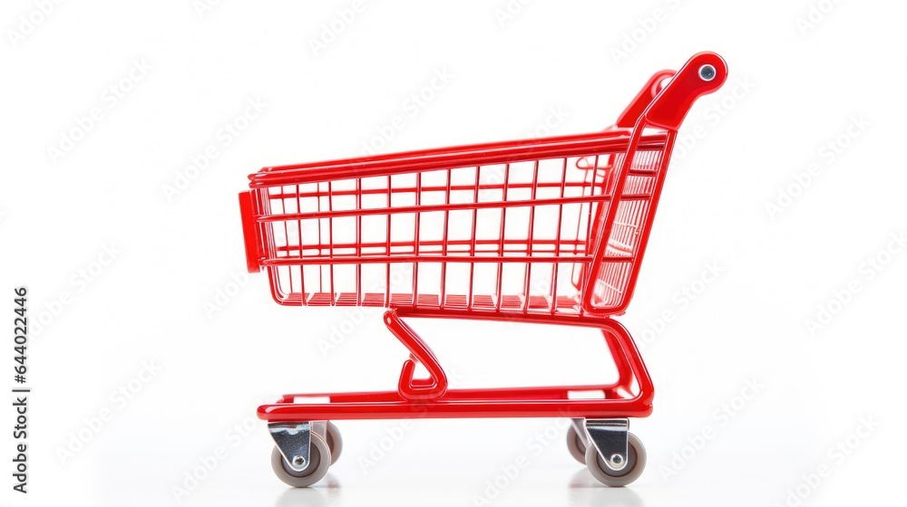 An empty red shopping cart side view trolley isolated over white ...