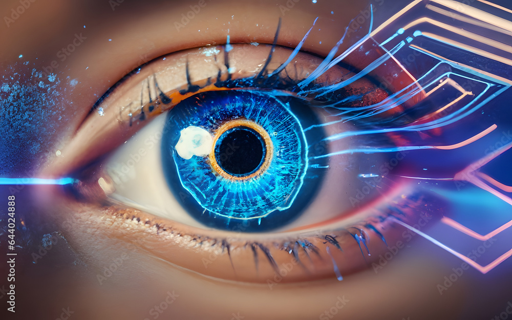 Futuristic woman eye display cyberspace concept science background ...