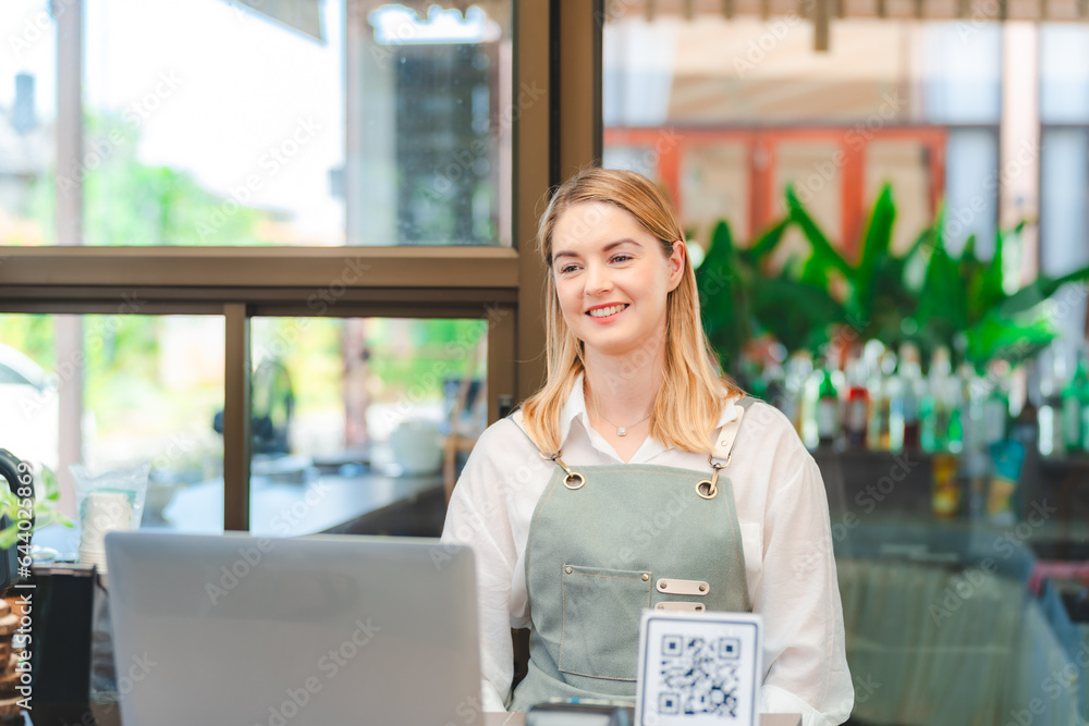 Happy smile waitress standing at restaurant, Young professional ...