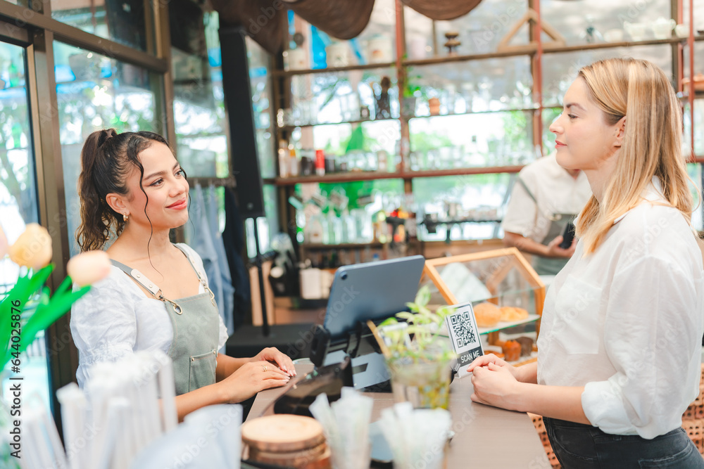Happy smile waitress standing at restaurant, Young professional ...