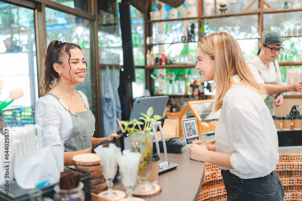 Happy smile waitress standing at restaurant, Young professional ...
