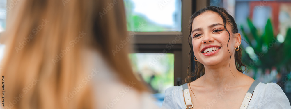 Happy smile waitress standing at restaurant, Young professional ...