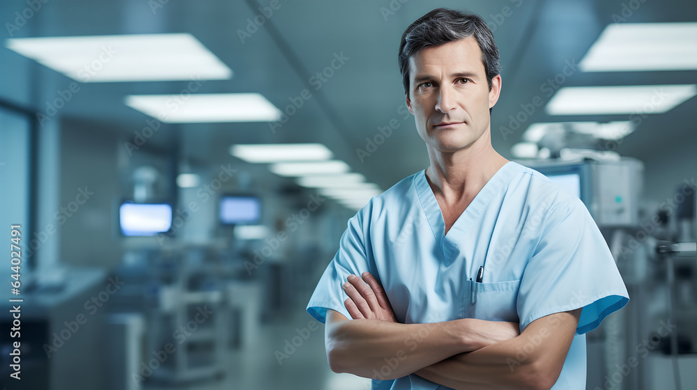 Portrait of attractive and confident male nurse wearing blue scrubs ...
