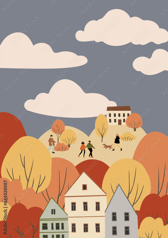 fall scene clipart, autumn poster with people at city park, fall season ...