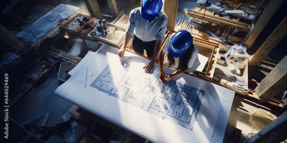 Top view of architects team working on construction plans and ...