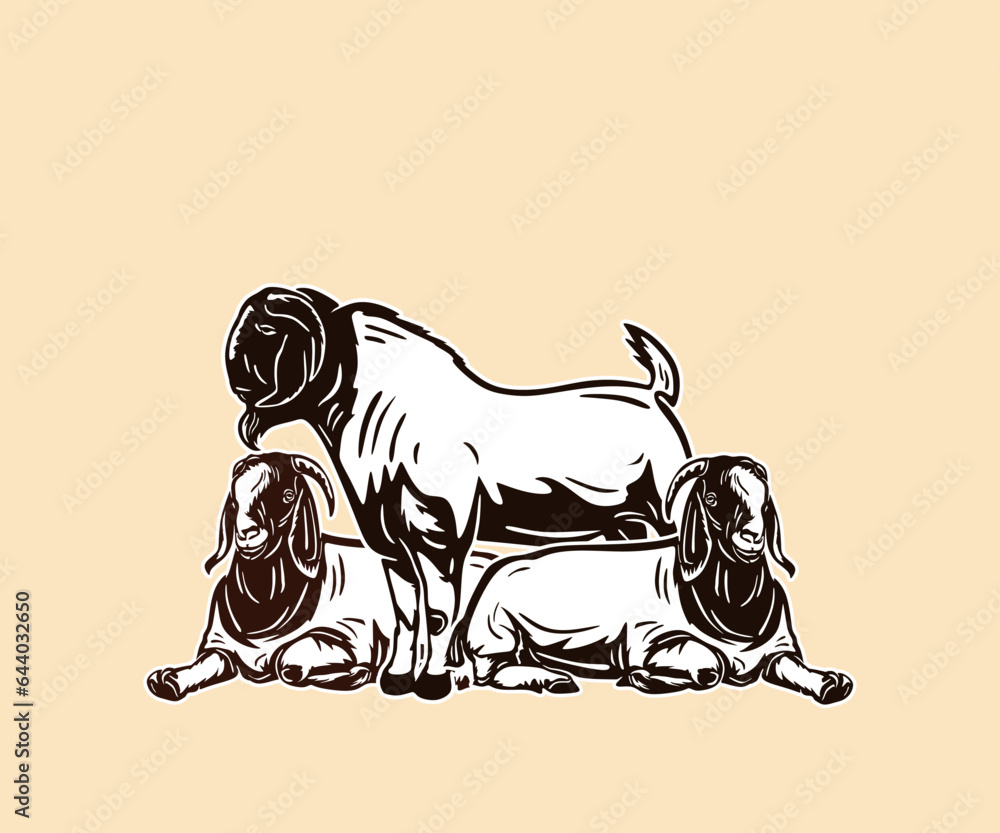 BIG BOER GOAT AND FEMALE LOGO, silhouette of great happy family goat in farm vector ...