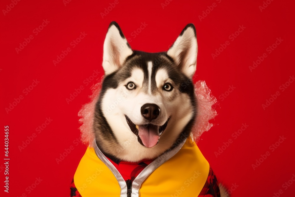 Studio portrait photography of a smiling siberian husky wearing a bee ...