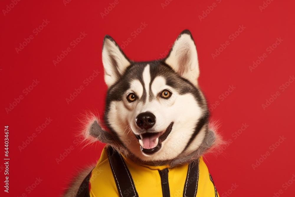Studio portrait photography of a smiling siberian husky wearing a bee ...