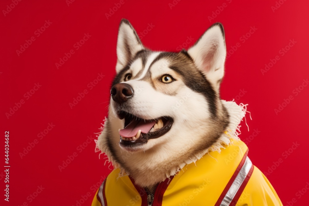 Studio portrait photography of a smiling siberian husky wearing a bee ...